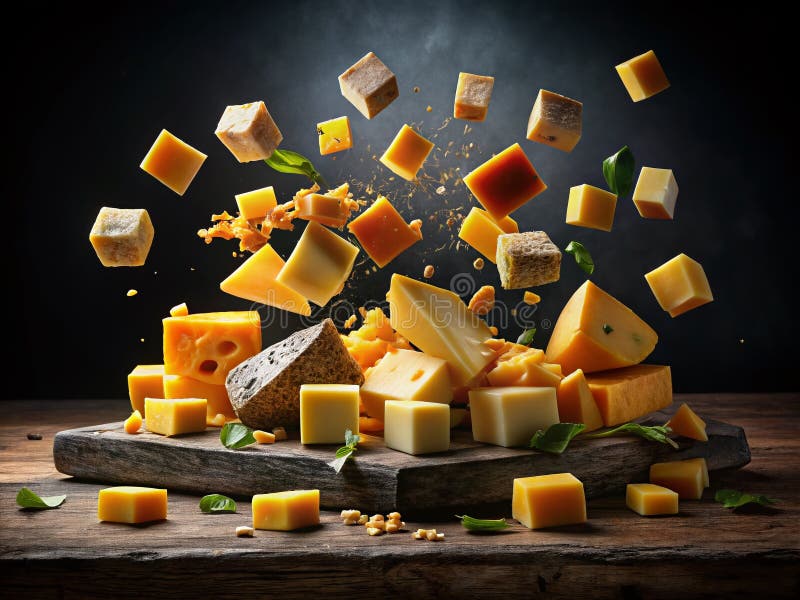 A Whimsical Descent of Creamy Cheese Wedges a Surreal and Intriguing Visual Feast Against a ...