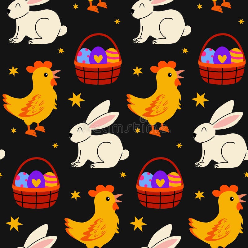 Colorful Easter Pattern Featuring Rabbits, Chickens, and Decorated Baskets on a Dark Background ...