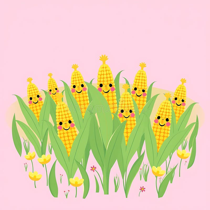 A Whimsical Design of Smiling Corn Characters in a Field on a Pastel ...