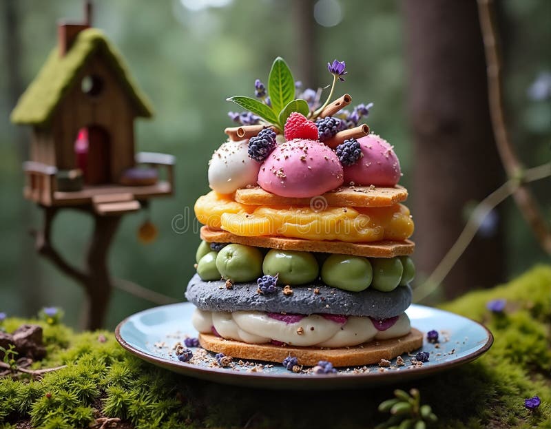 A Whimsical Dessert Featuring a Multi-layered Stack of Pastries with ...