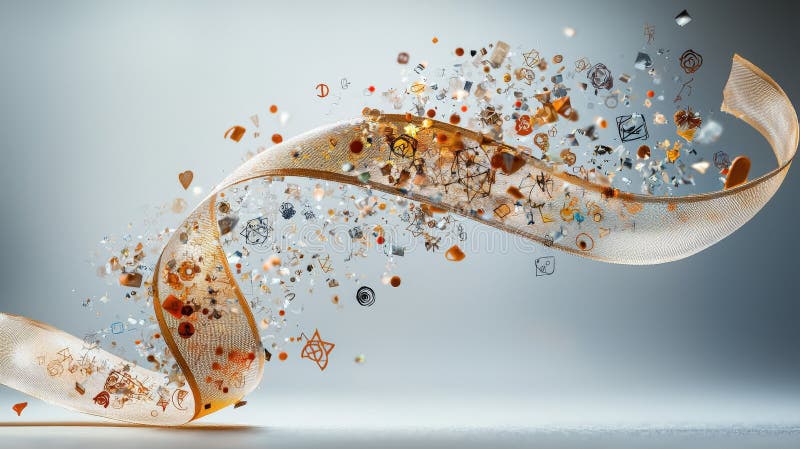 Whimsical Digital Art Close-up of Unraveling Ribbon with Floating ...