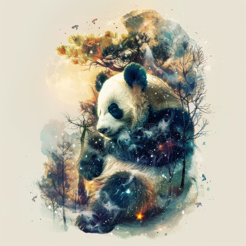 Whimsical Digital Art of a Panda in a Mystical Forest with Cosmic ...