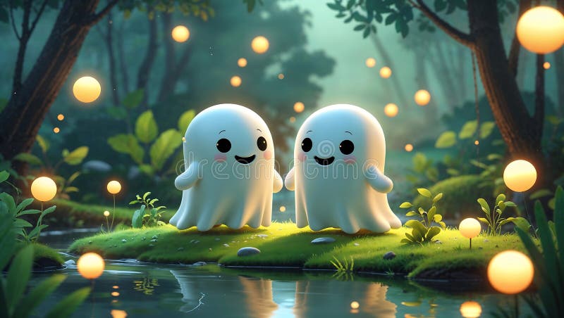 Whimsical Digital Illustration of Cartoon Ghosts in Serene Forest Stock ...