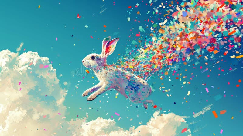 Rabbit Flying High in Sky with Colorful Confetti. Stock Illustration ...