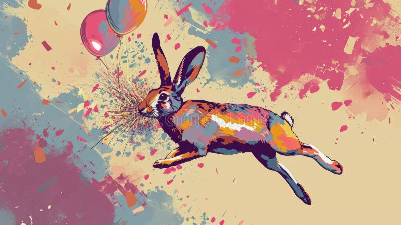 Rabbit Flying High in Sky with Colorful Confetti. Stock Illustration ...