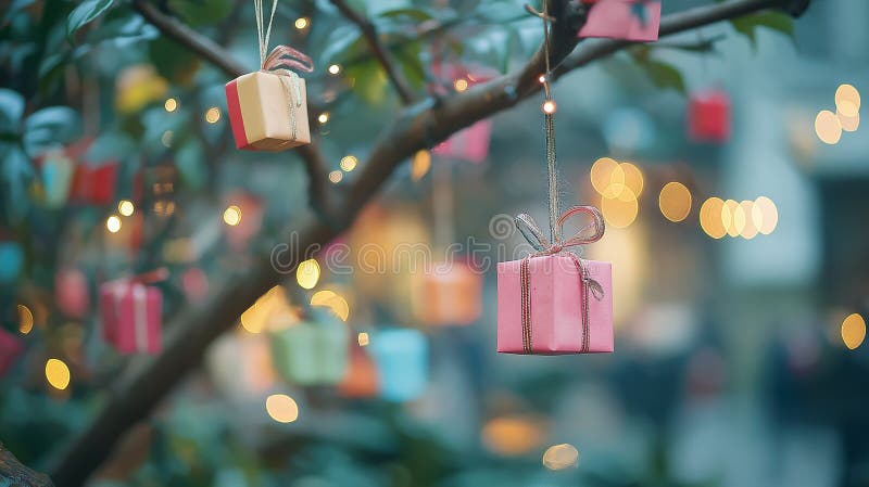 Whimsical Display of Tiny, Colorful Gift Boxes Hanging from a Decorated ...