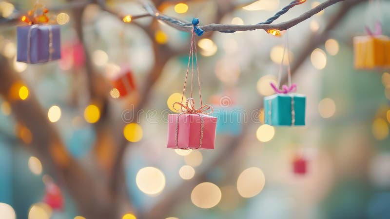 Whimsical Display of Tiny, Colorful Gift Boxes Hanging from a Decorated ...