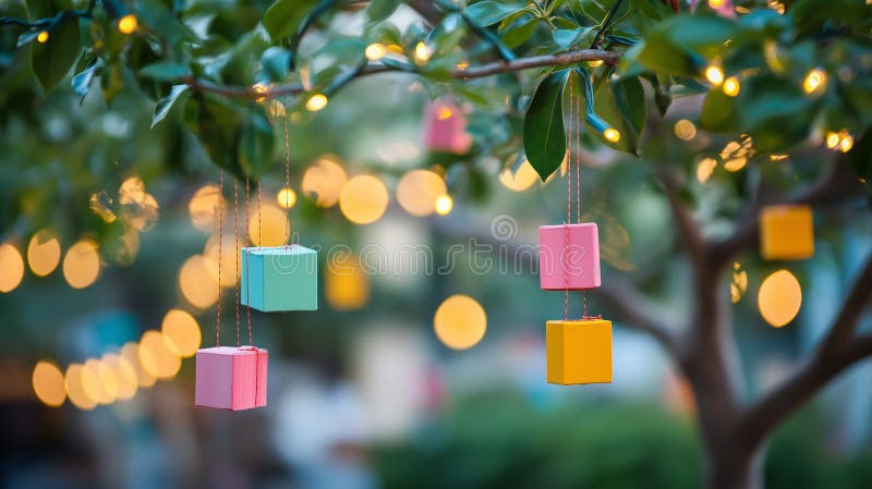 Whimsical Display of Tiny, Colorful Gift Boxes Hanging from a Decorated ...