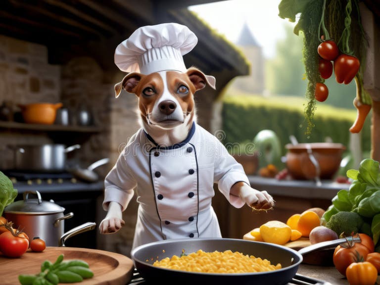 Whimsical Dog Dressed As a Chef Cooking Pasta in a Rustic Kitchen Stock ...