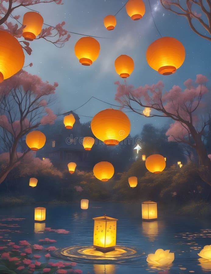 A Whimsical and Dreamy Scene, with Floating Lanterns and a Starry Sky ...