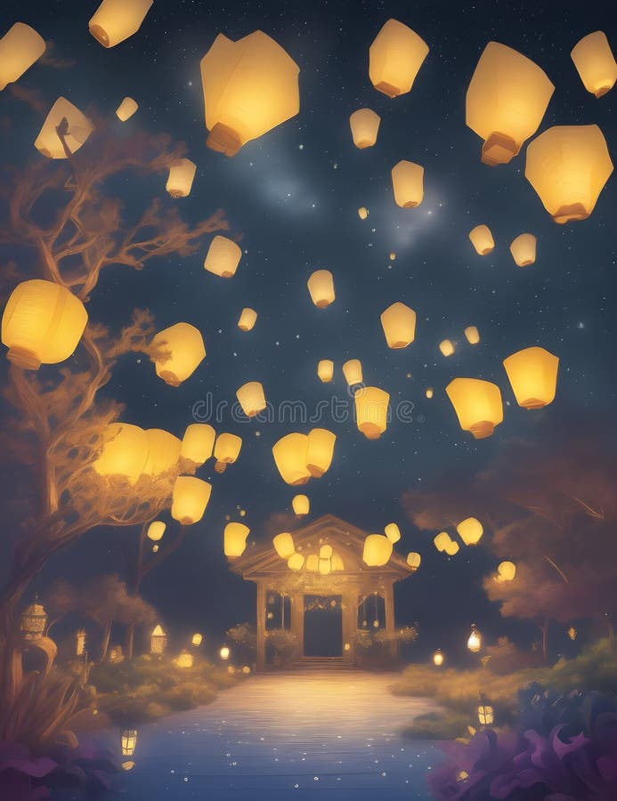 Whimsical and Dreamy Scene with Floating Lanterns and a Starry Sky ...