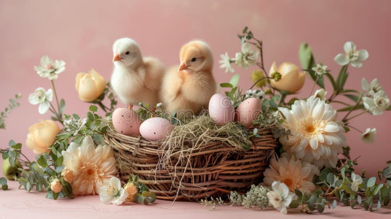 A Whimsical Easter Basket Display, Filled with Pastel Eggs, Fluffy ...
