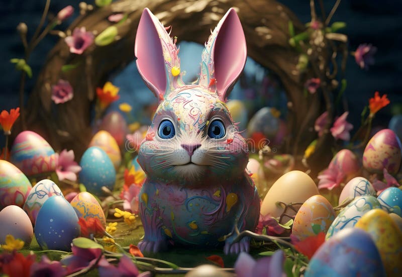 Whimsical Easter Bunny Amidst Colorful Eggs Stock Illustration ...