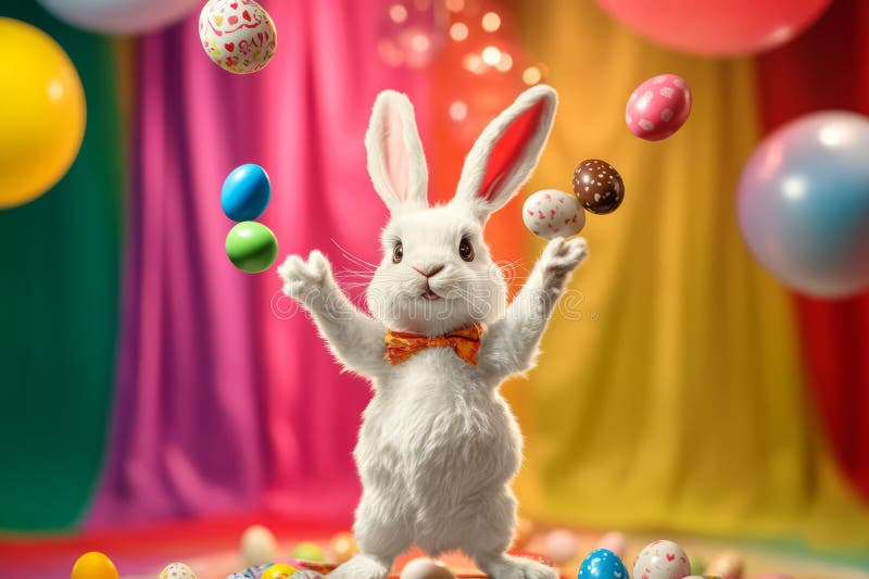 A Whimsical Easter Bunny Juggling a Mix of Chocolate and Real Easter ...