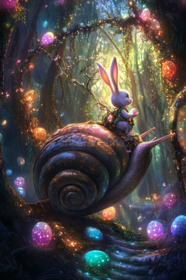 A Whimsical Easter Bunny Riding a Giant Snail through a Magical Forest ...