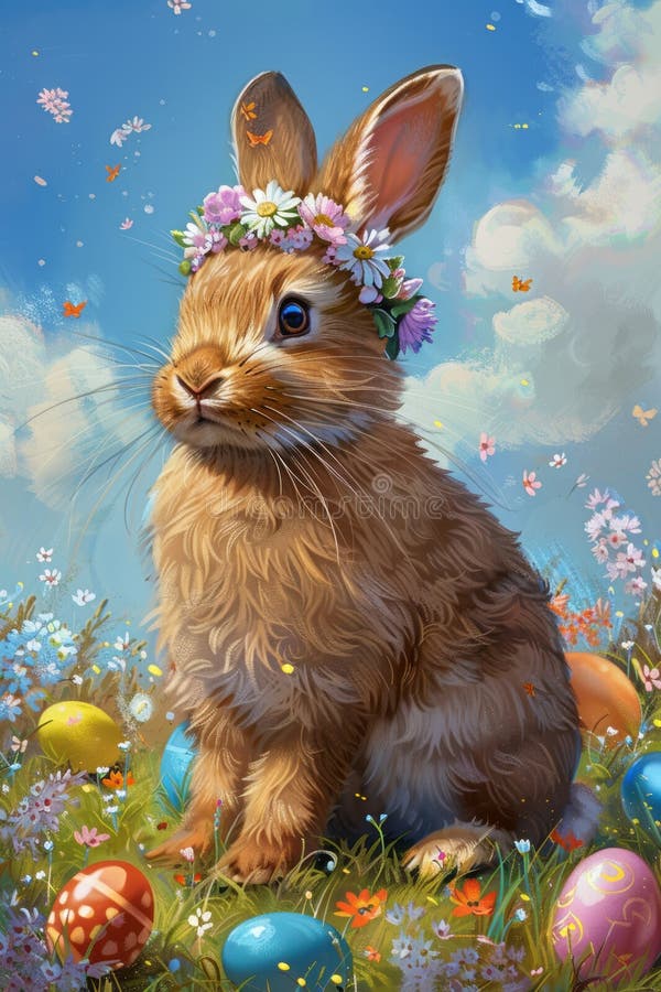 Whimsical Easter Card with Bunny in Flower Crown Surrounded by Eggs and ...