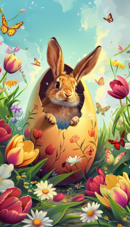 Whimsical Easter Card Design: Bunny in Egg with Spring Flowers and ...