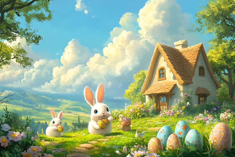 Whimsical Easter Celebration: Rabbits, Eggs, and a Charming Meadow ...
