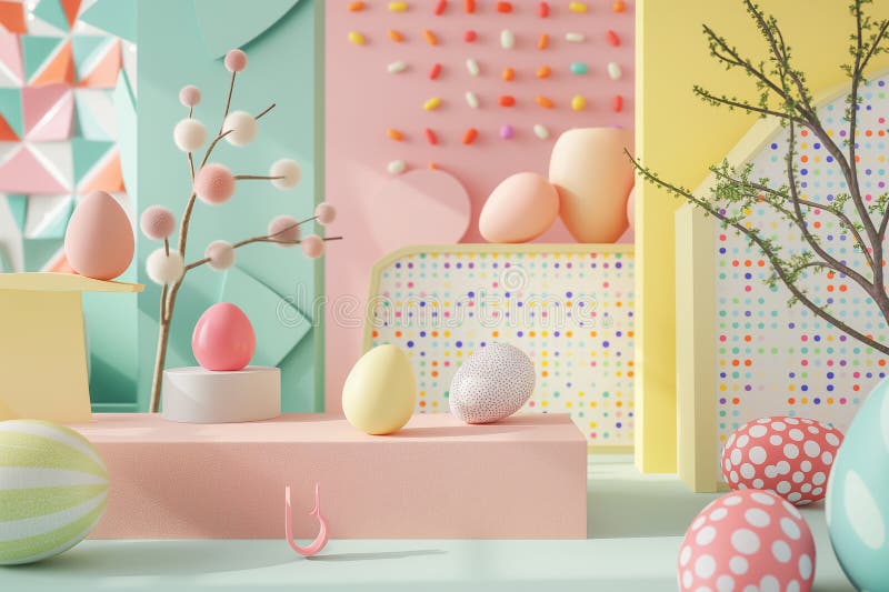 A Whimsical Easter Egg Hunt-inspired Geometric Mockup Scene with Hidden Eggs Nestled among ...