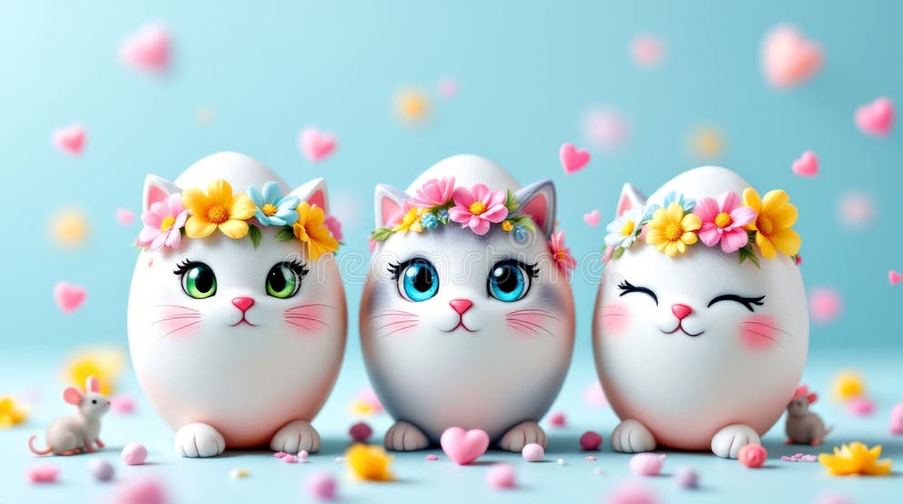 Whimsical Easter Eggs.Adorable Cat Faces with Floral Crowns and Tiny ...