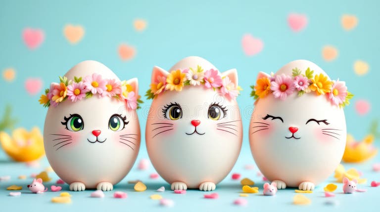 Whimsical Easter Eggs.Adorable Cat Faces with Floral Crowns and Tiny ...