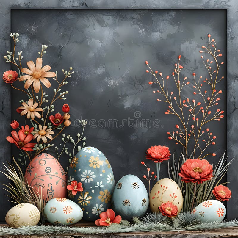 Whimsical Easter Frame with Clouds and Decorations Stock Illustration ...
