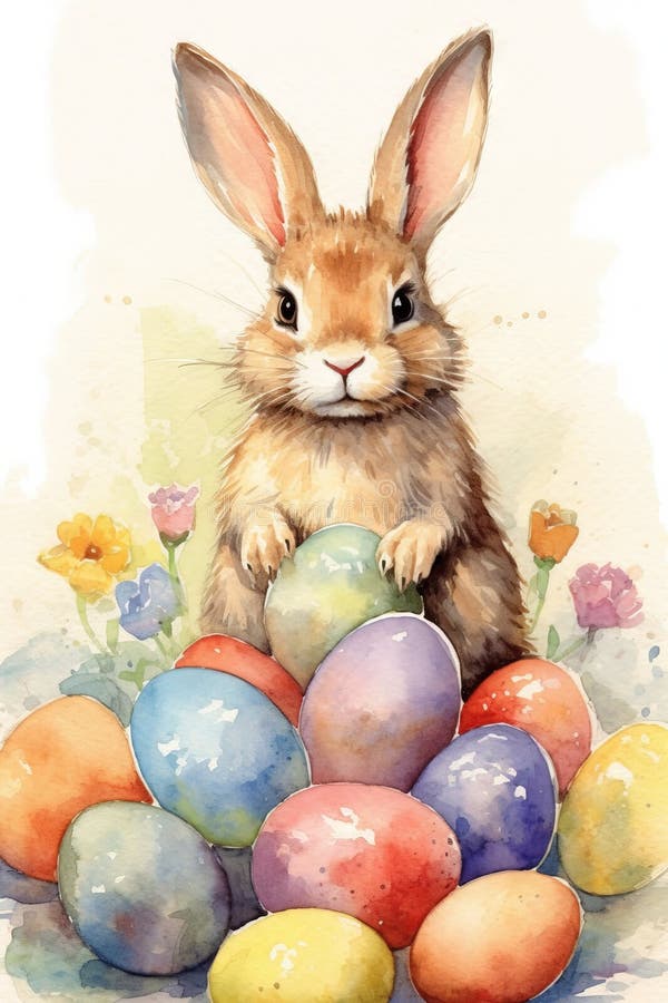 Whimsical Easter Illustration with Bunny and Eggs on White Background ...