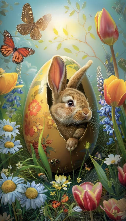 Whimsical Easter Card Design: Bunny in Egg with Spring Flowers and ...