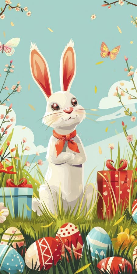 Springtime Easter Bunny with Gifts and Colorful Eggs Stock Photo ...