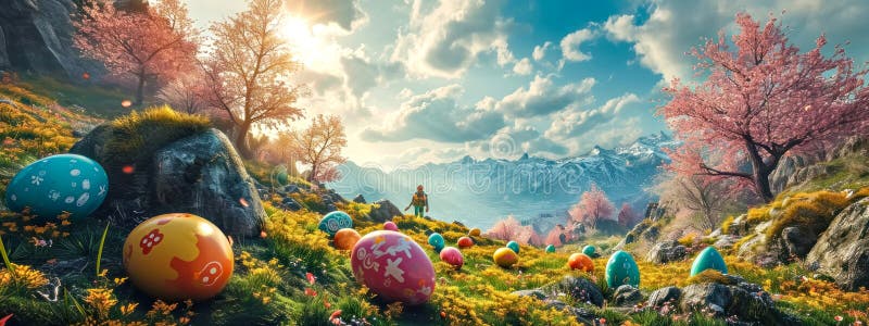 Whimsical Easter Landscape with Decorated Eggs and a Figure Enjoying ...