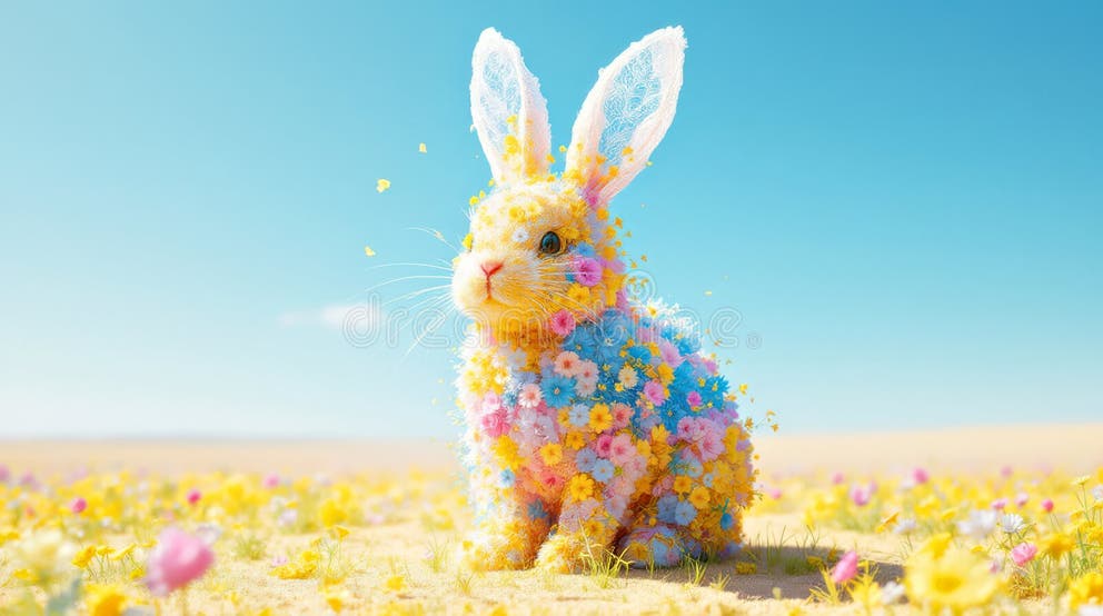Whimsical Easter Rabbit in Vibrant Flower Meadow . Enchanting ...