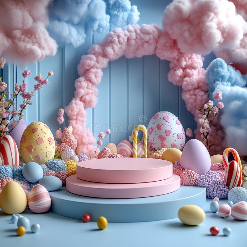 A Whimsical Easter Scene with Colorful Eggs, Pink Pedestal, and Dreamy ...