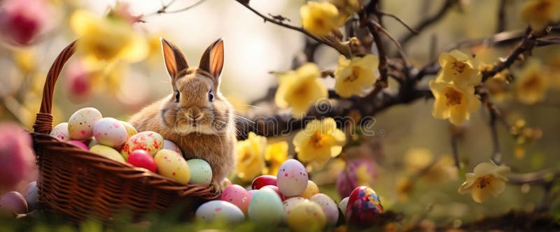 Whimsical Easter Scene with a Serene Rabbit, Pastel Eggs, and Cherry ...