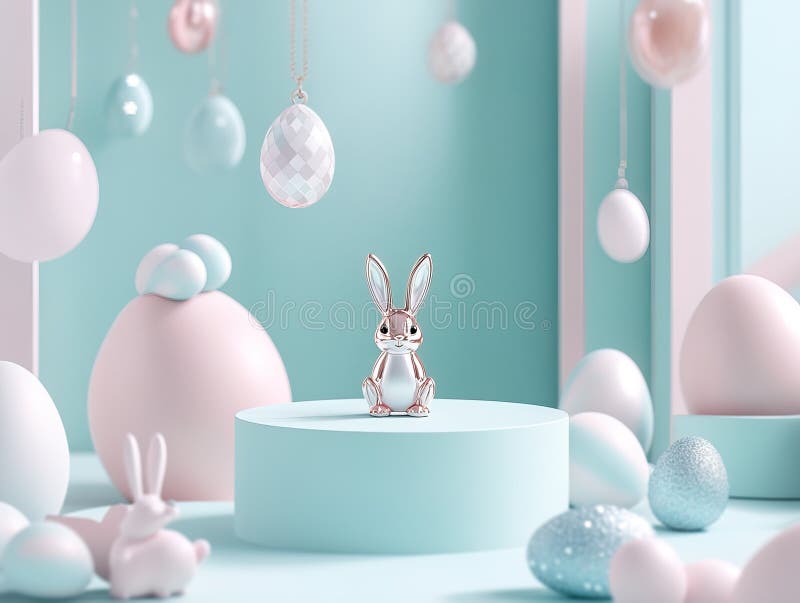 A Whimsical Easter-themed Scene on a Light Teal Background with a Shiny ...