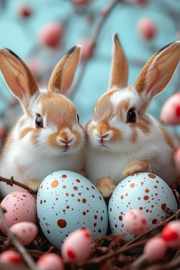 Whimsical Easter: Two Rabbits Nestled among Speckled Eggs in Spring ...