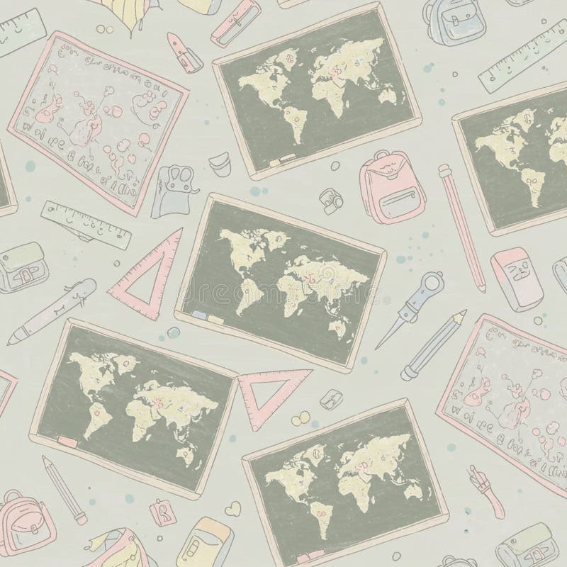 Whimsical Educational Pattern Featuring Hand-drawn School Items: Maps ...