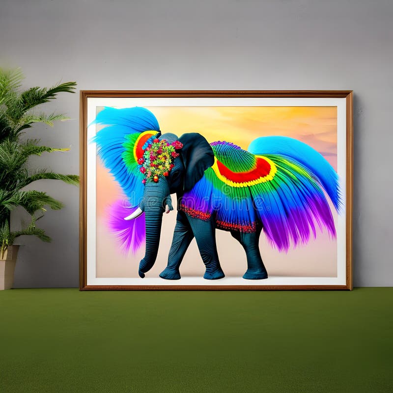 A Whimsical Elephant with a Peacock S Tail, Adorned with Vibrant ...