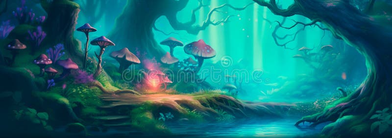 Whimsical, Enchanted Forest with Vibrant, Dreamy Colors. Stock Image ...