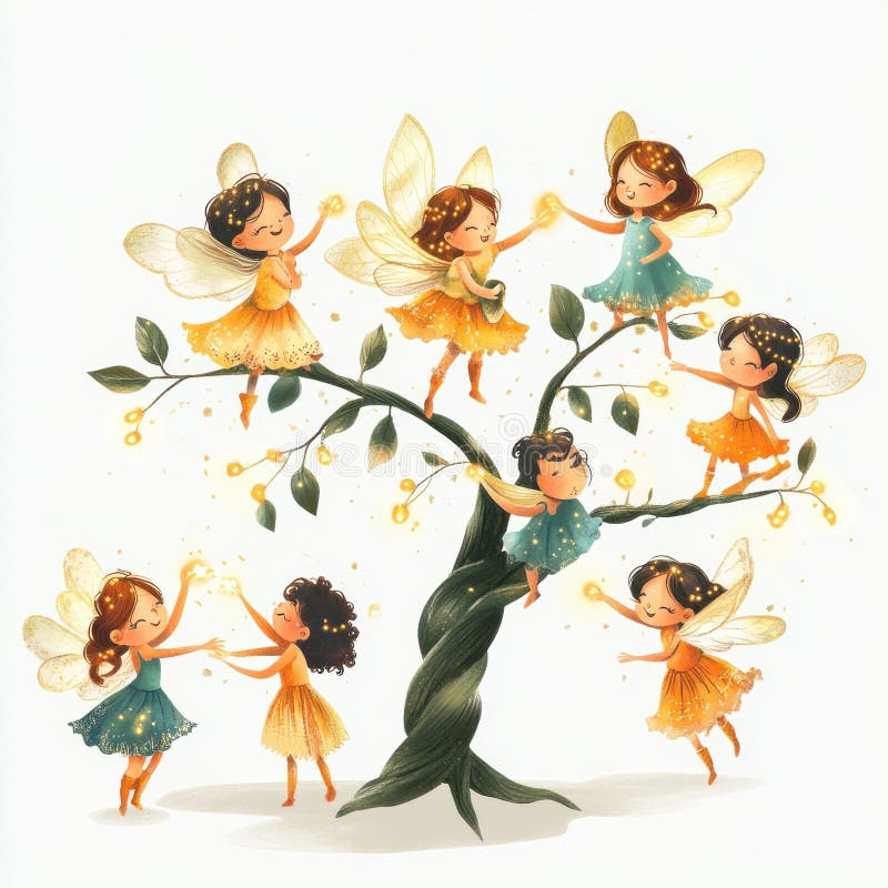 Whimsical Fairy Illustration, Eight Fairies on a Magical Tree Stock Illustration - Illustration ...