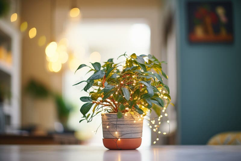 A Whimsical Fairy Light Wrapped Around an Indoor Plant Stock Photo ...