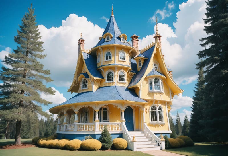 Whimsical Fairy Tale House Amidst Pine Trees Stock Illustration ...