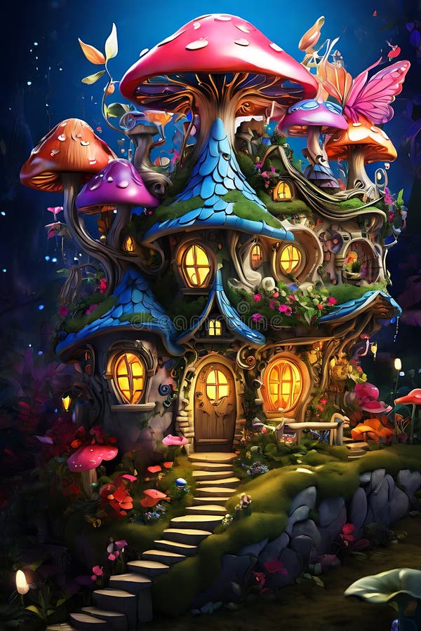 Whimsical Fairy Tale Mushroom House at Night Scene Stock Photo - Image ...