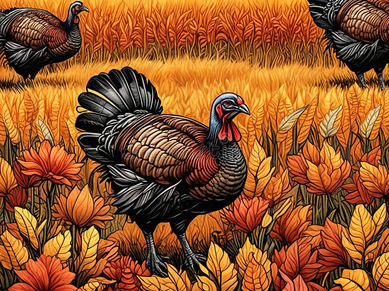 Whimsical Fall Background with Realistic Turkeys Strolling through the ...