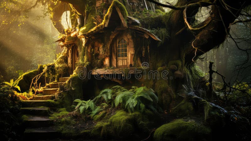 Whimsical Fallen Tree House Stock Illustration - Illustration of ...