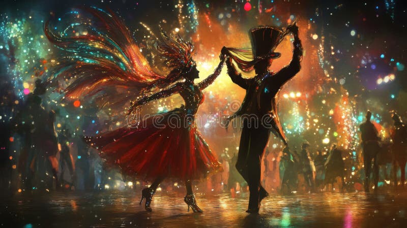A Whimsical Fantasy Couple Dances Under a Vibrant Fireworks Display ...