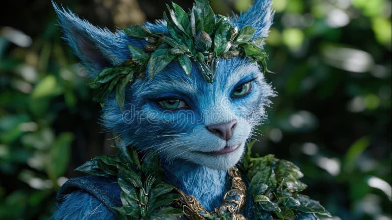 Whimsical Fantasy Creature with Blue Fur and Floral Crown Stock ...
