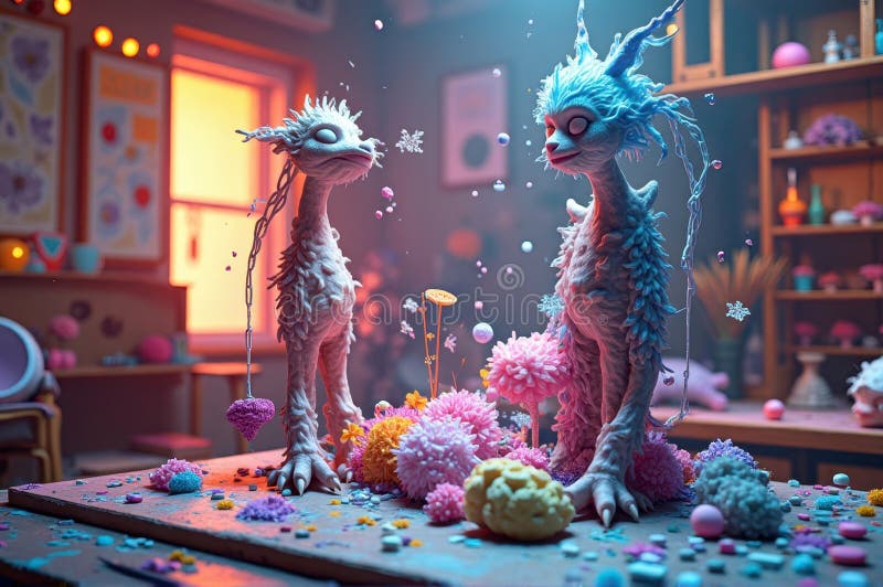 Whimsical Fantasy Creatures in Colorful Artistic Studio with Neon ...