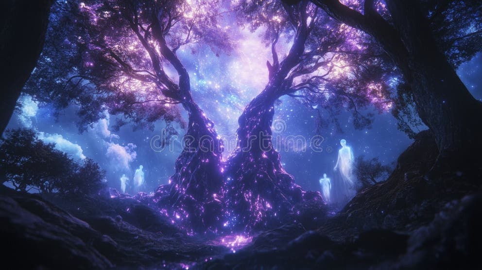 Whimsical Fantasy Scene with Twisting Vines and Ghostly Figures Stock ...