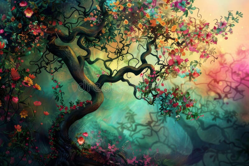 Whimsical Fantasy Tree with Twisted Branches and Colorful Flowers Stock ...