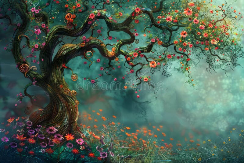 Whimsical Fantasy Tree with Twisted Branches and Colorful Flowers Stock ...